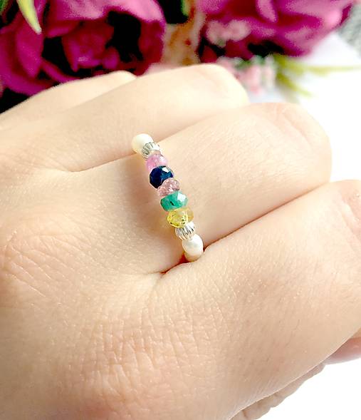 Elastic Faceted Multi Gemstone & Freshwater Pearls Ring AG 925 / Elastický prsteň brúsený ...