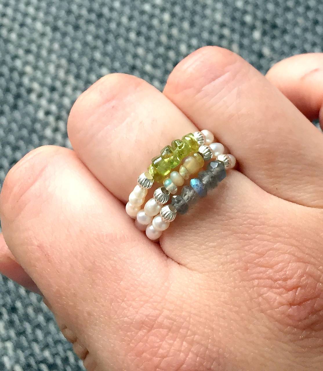 Elastic Heishi Peridot & Freshwater Pearls Ring AG 925 / Elastický ...