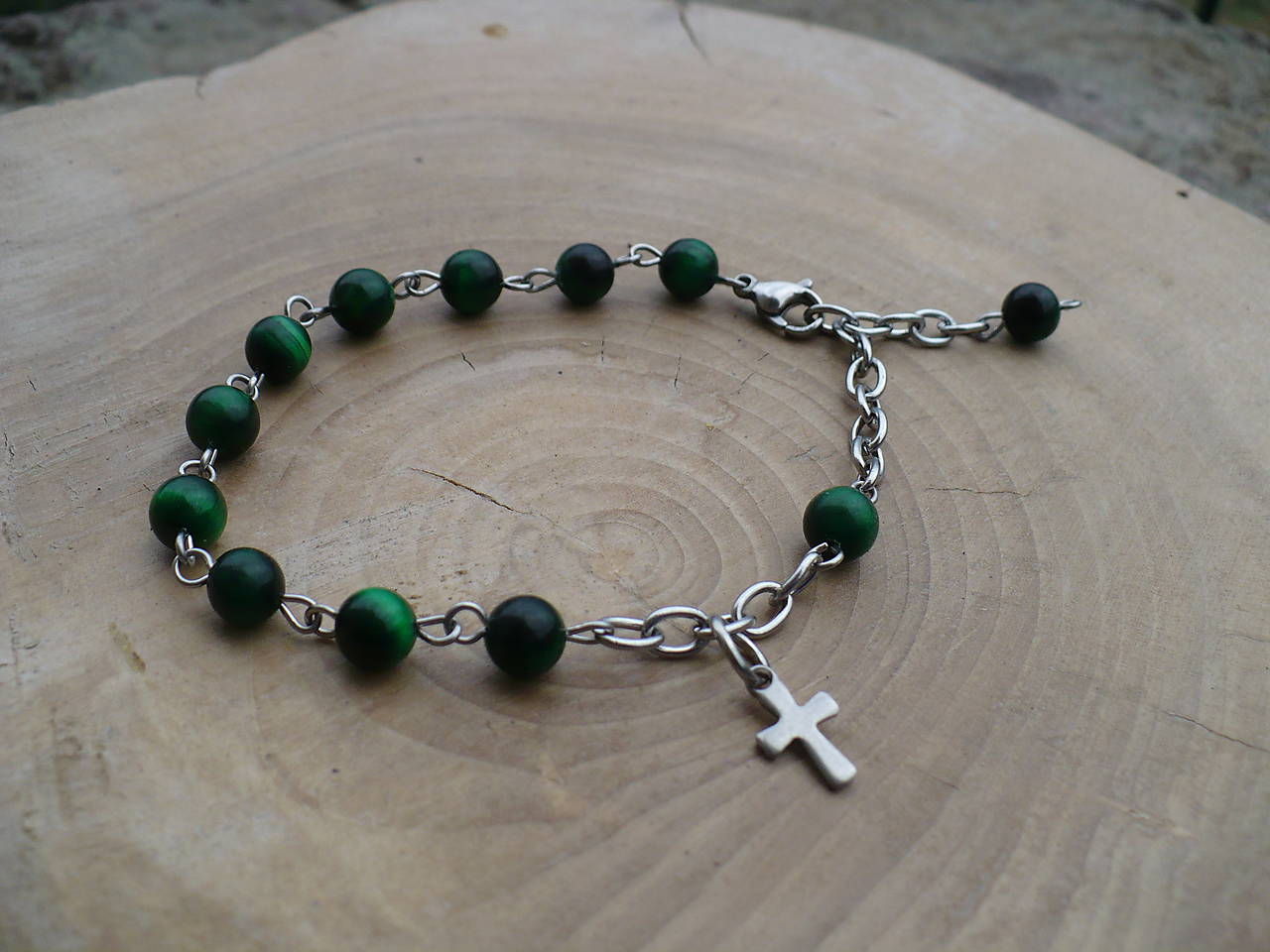 Ruženec na ruku zo zeleného Tigrieho oka-chirurgická oceľ / DoTishop ...