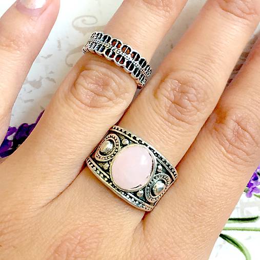 Double Rose Quartz Antique Silver Knuckle & Finger Ring / Sada 2 ...