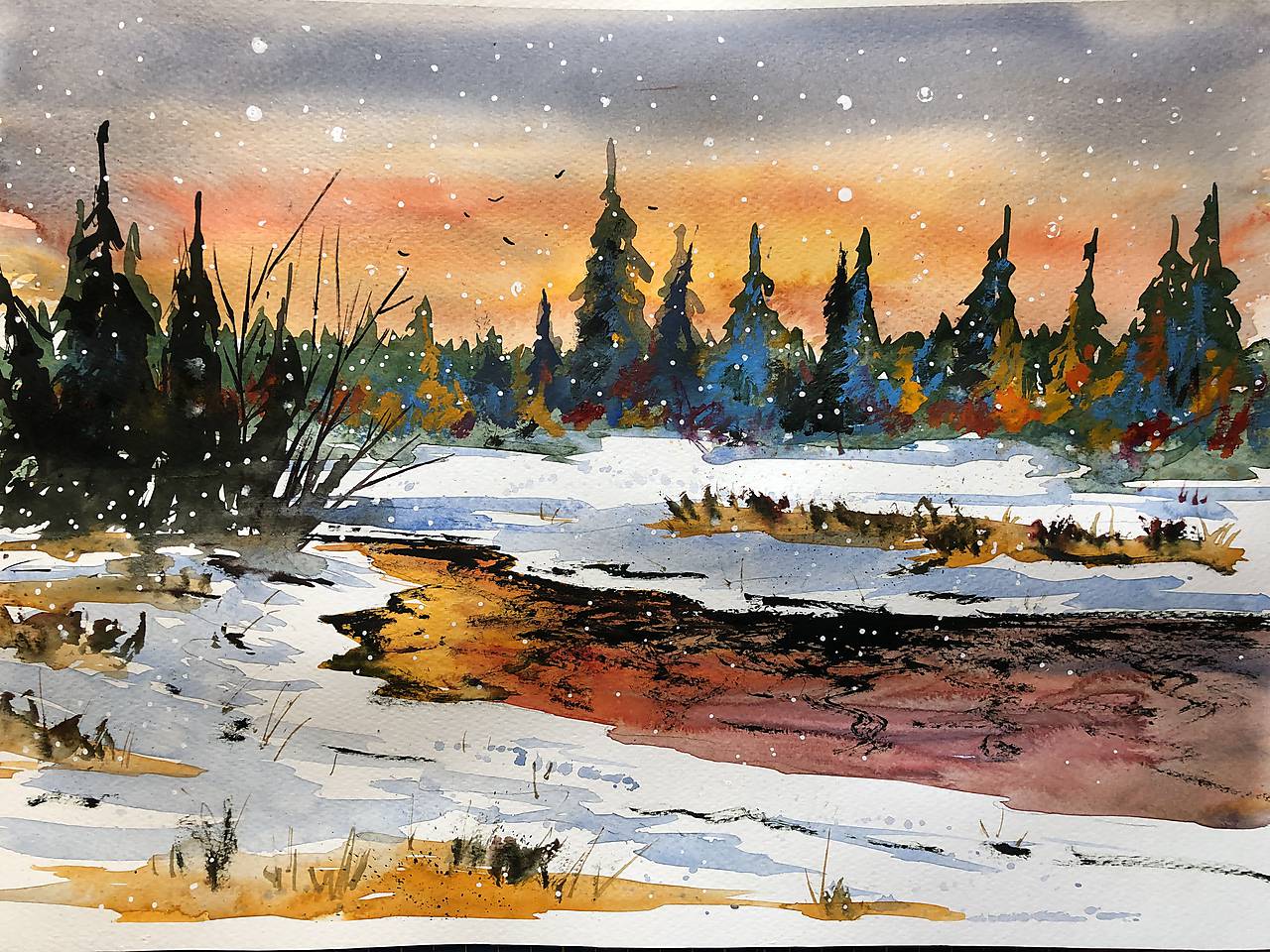 Zima sneh a západ slnka - obraz / c_watercolors - SAShE.sk