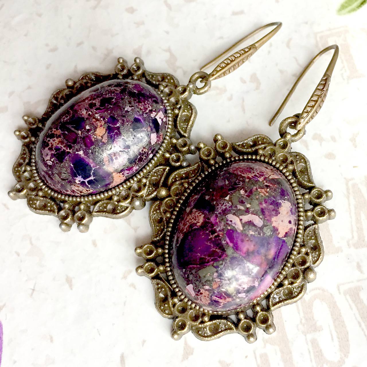 Antique Bronze Violet Variscite Earrings / Náušnice s fialovým jaspisom ...