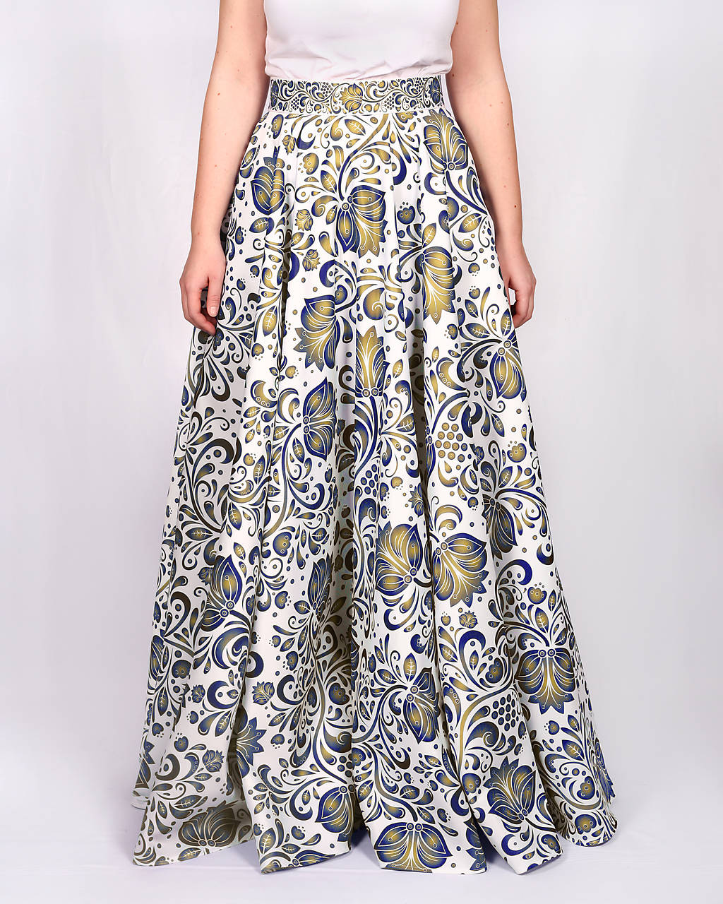 VEJANA - potlač FOLK ROSES (modro-zlatý folk na bielej) / Foxxy - SAShE.sk