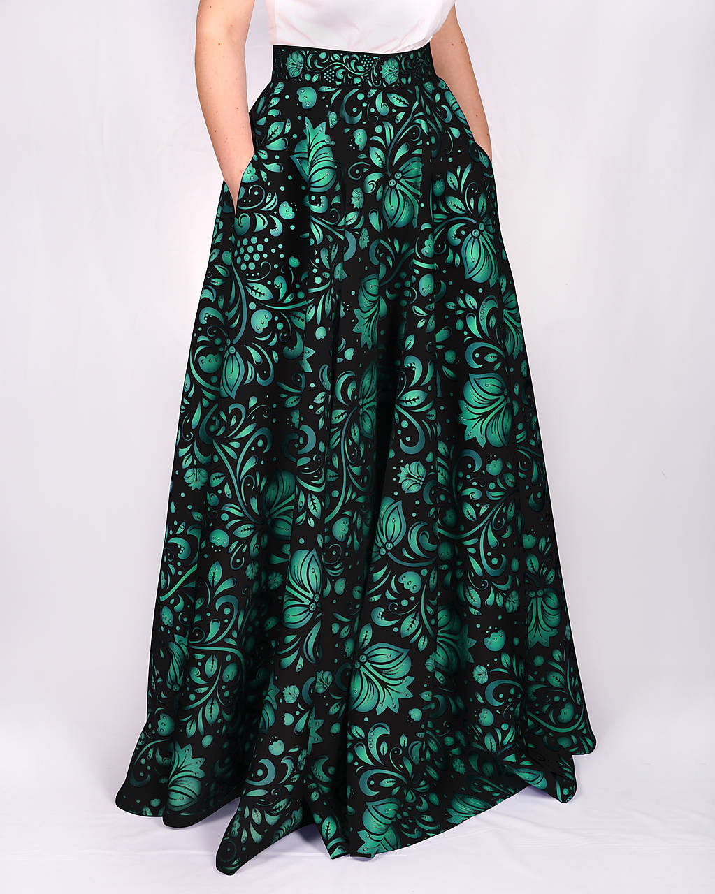 VEJANA - potlač FOLK ROSES (smaragdový folk na čiernej) / Foxxy - SAShE.sk