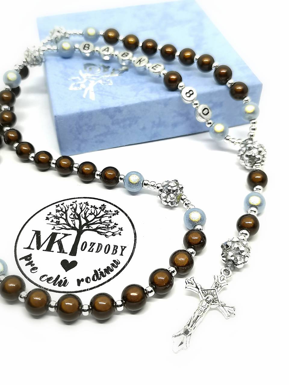 Žiarivý ruženec s vlastným textom (Hnedo-bledomodrý) / MK-ozdoby - SAShE.sk