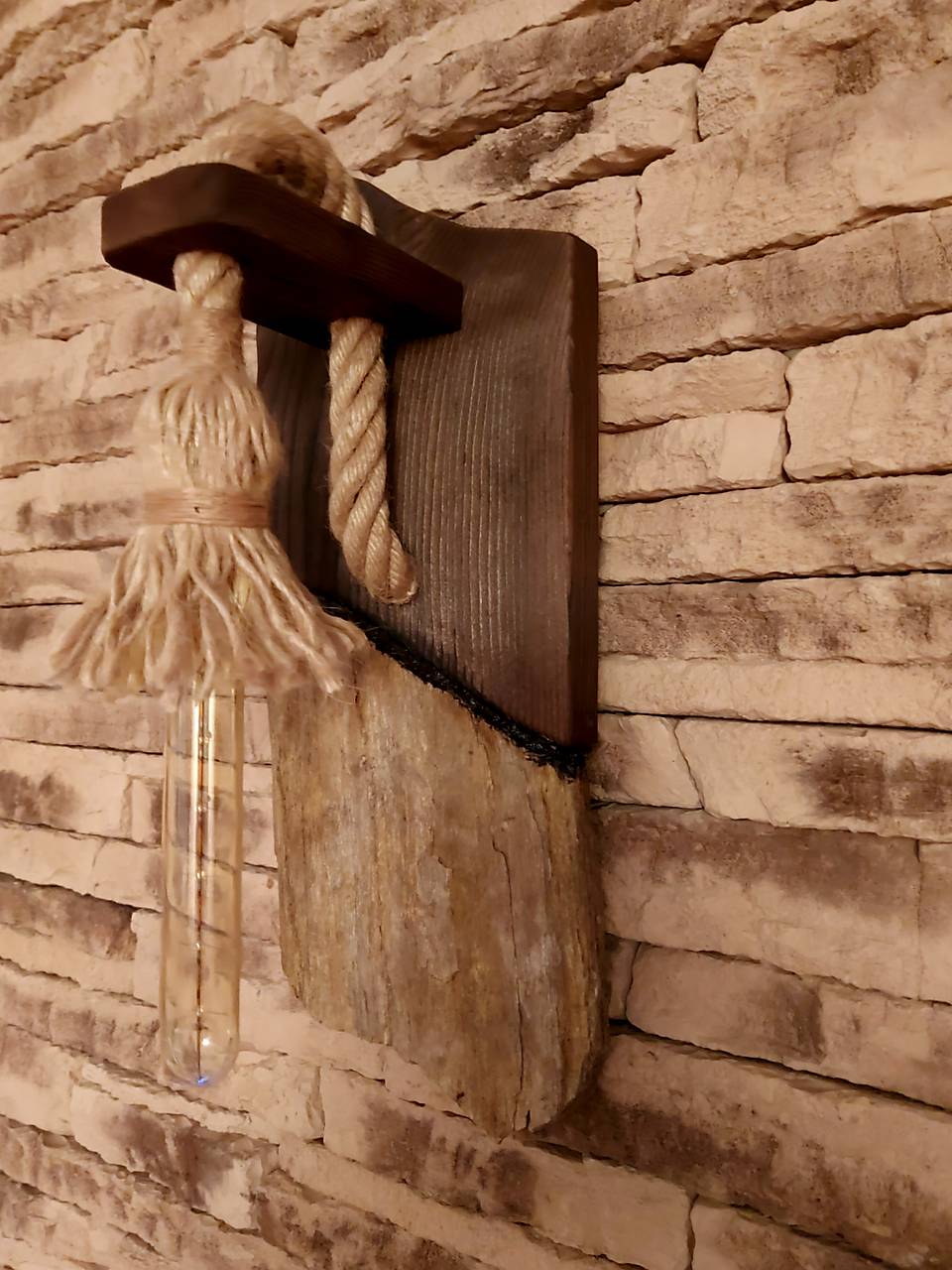 Rustikálna lampa s lanom a kameňom-Forest Stone Rustic / Woodstone ...