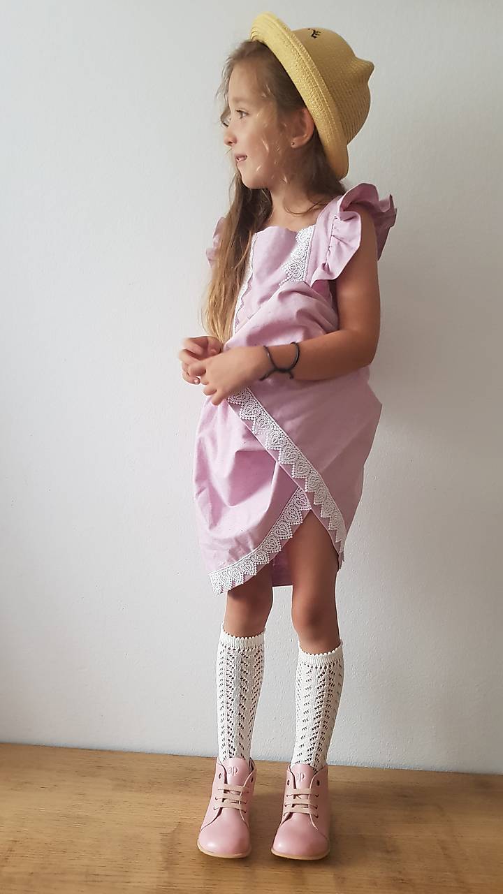 Vtáča - dievčenské ľanové šaty s volánmi a mašľou (lila) / vtacatko ...