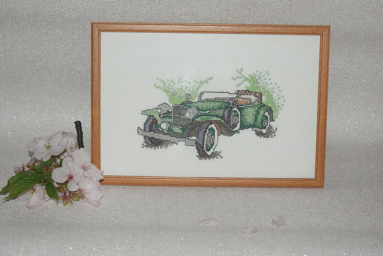 Vyšívaný obrázok - zelené retro auto / mateska - SAShE.sk