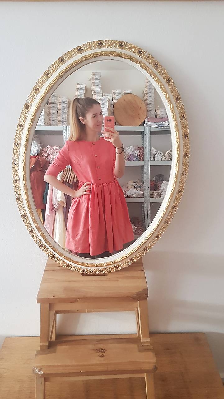 Ľanové šaty riasené s gombičkami - Čajka (koralová) / vtacatko.usilo ...