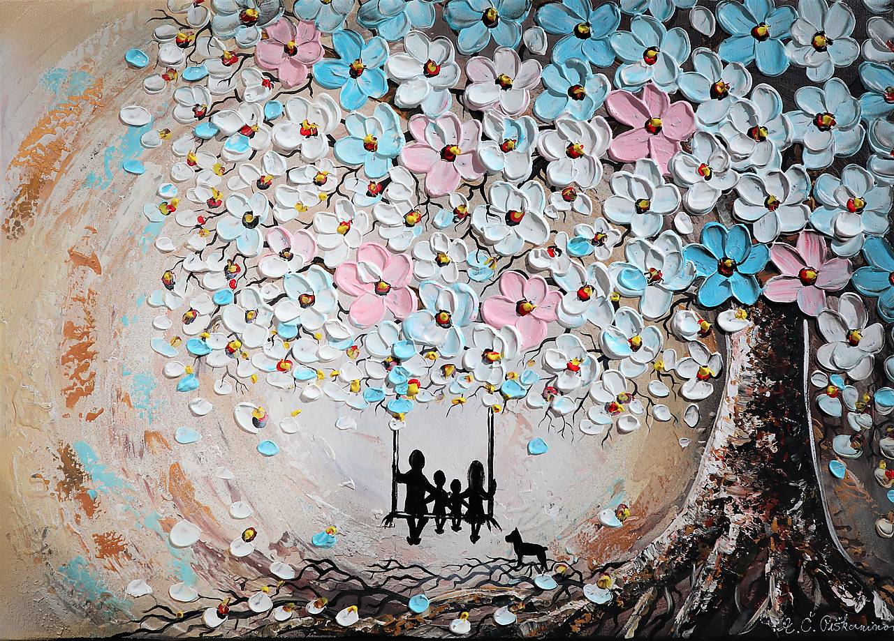 Rodinný strom bledunko modro-ružový /70x50/ / KukurART - SAShE.sk