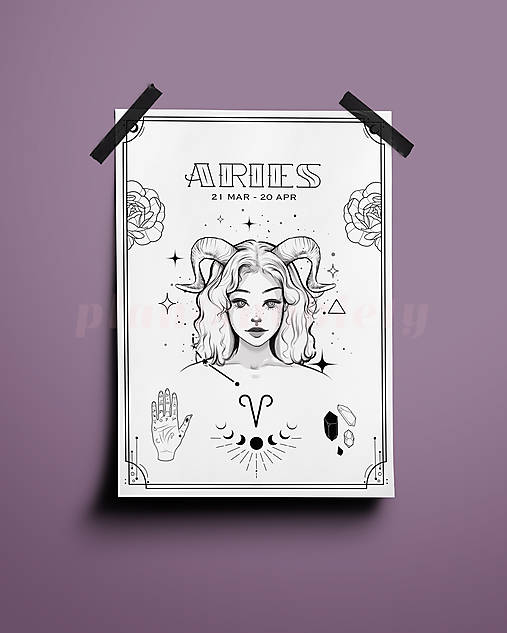 Baran/Aries print - znamenia zverokruhu (Aries - biela+čierna A4 ...