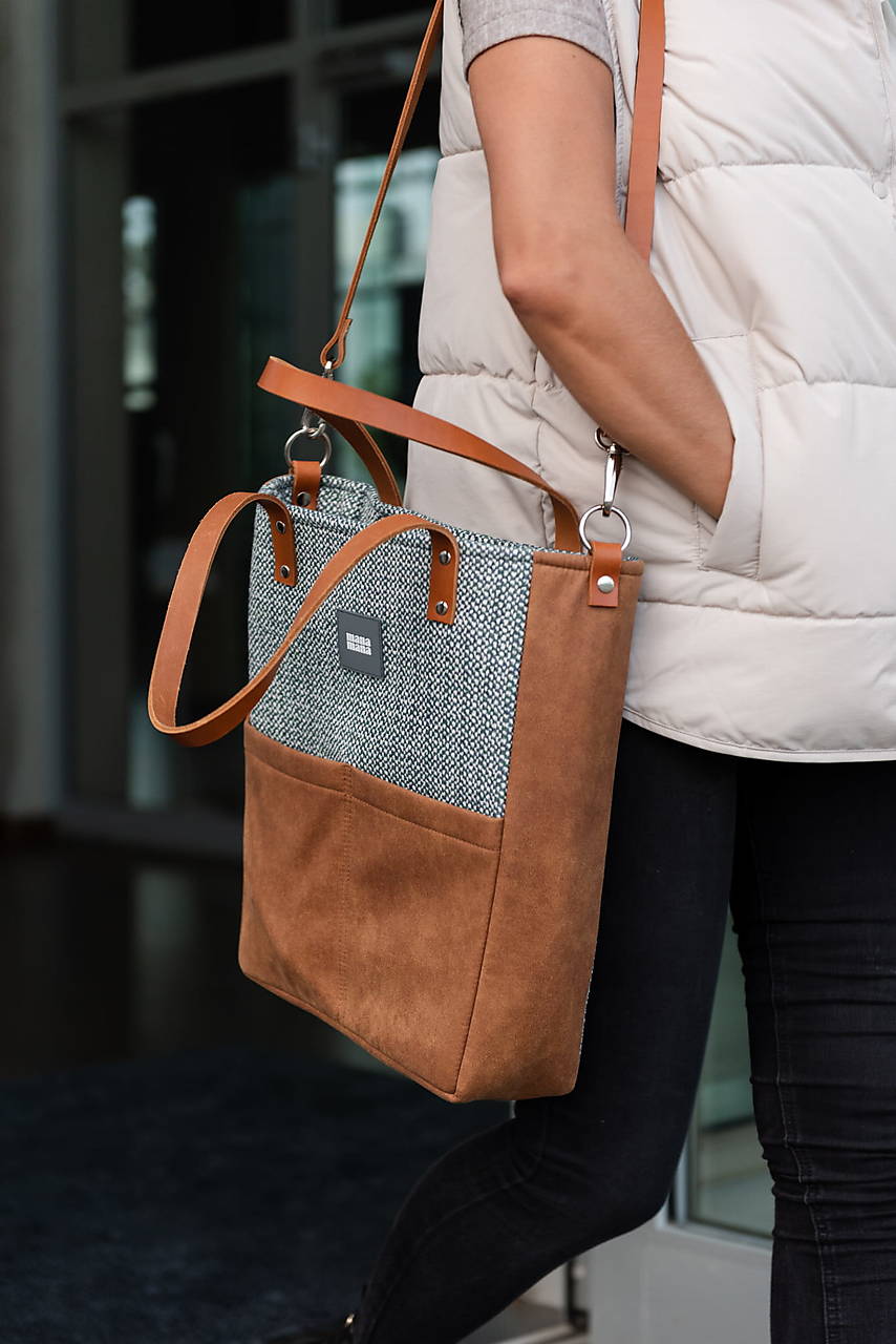 Velká kabelka MANA MANA Minimalistická Zelenomodrá/Karamelová kůže ...