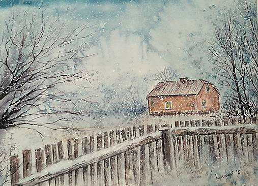 Chalúpka v snehu originál akvarel / Jul.paints - SAShE.sk