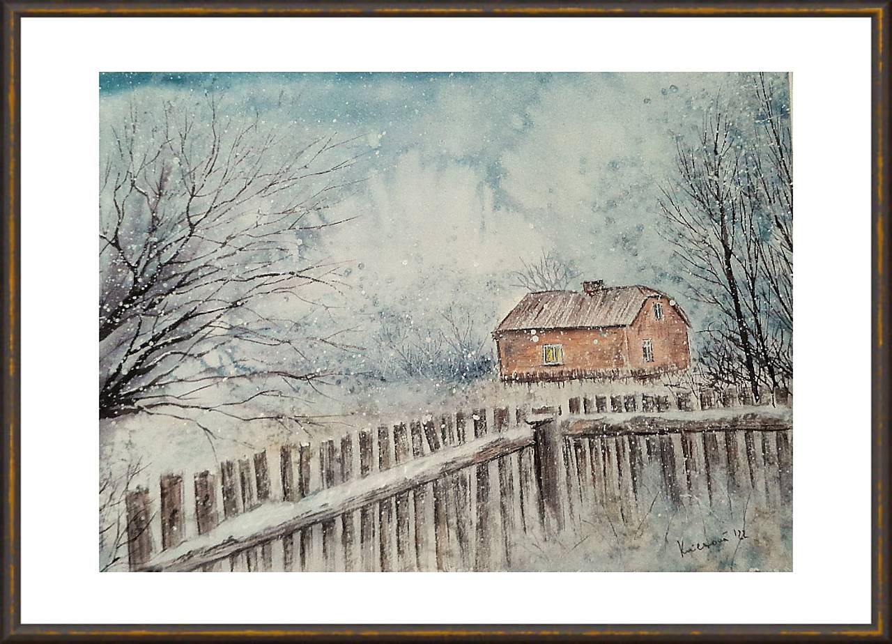 Chalúpka v snehu originál akvarel / Jul.paints - SAShE.sk - Handmade Obrazy