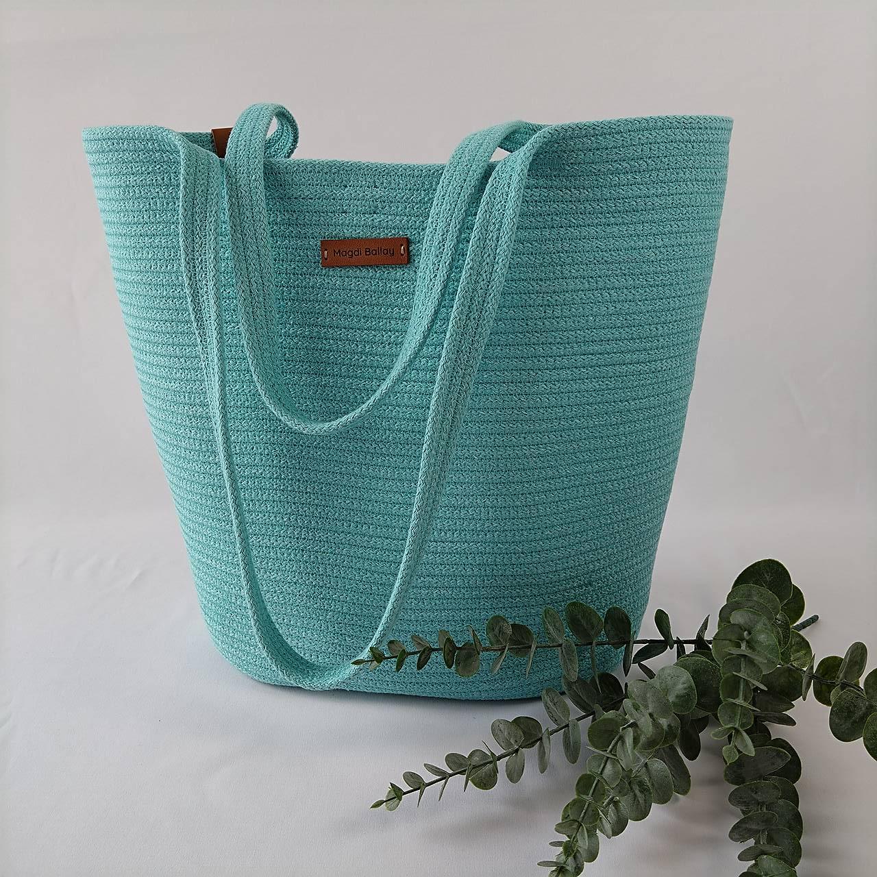 Veľká taška na rameno z bavlnených šnúr, azúrová modrá / MagdiBallay ...