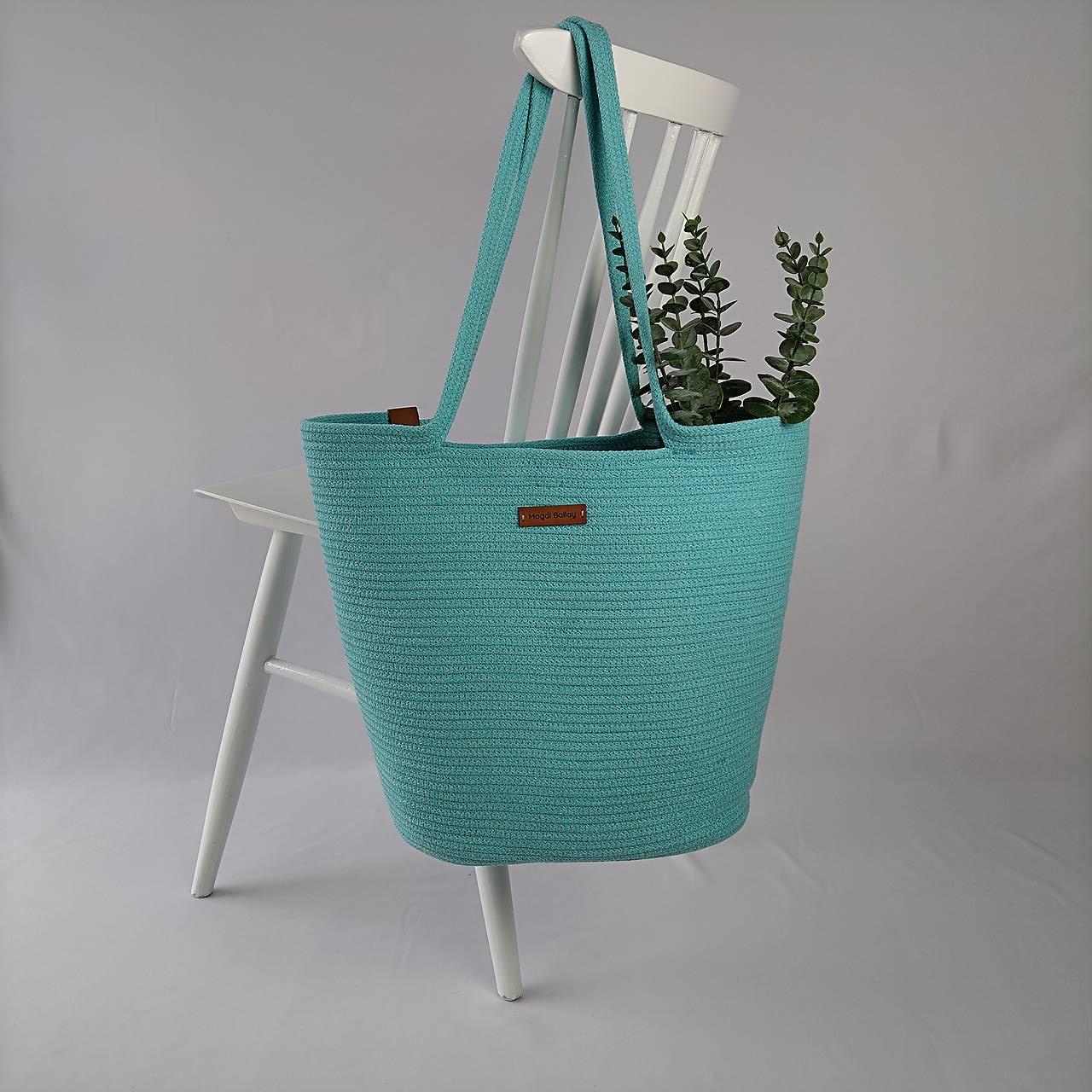 Veľká taška na rameno z bavlnených šnúr, azúrová modrá / MagdiBallay ...