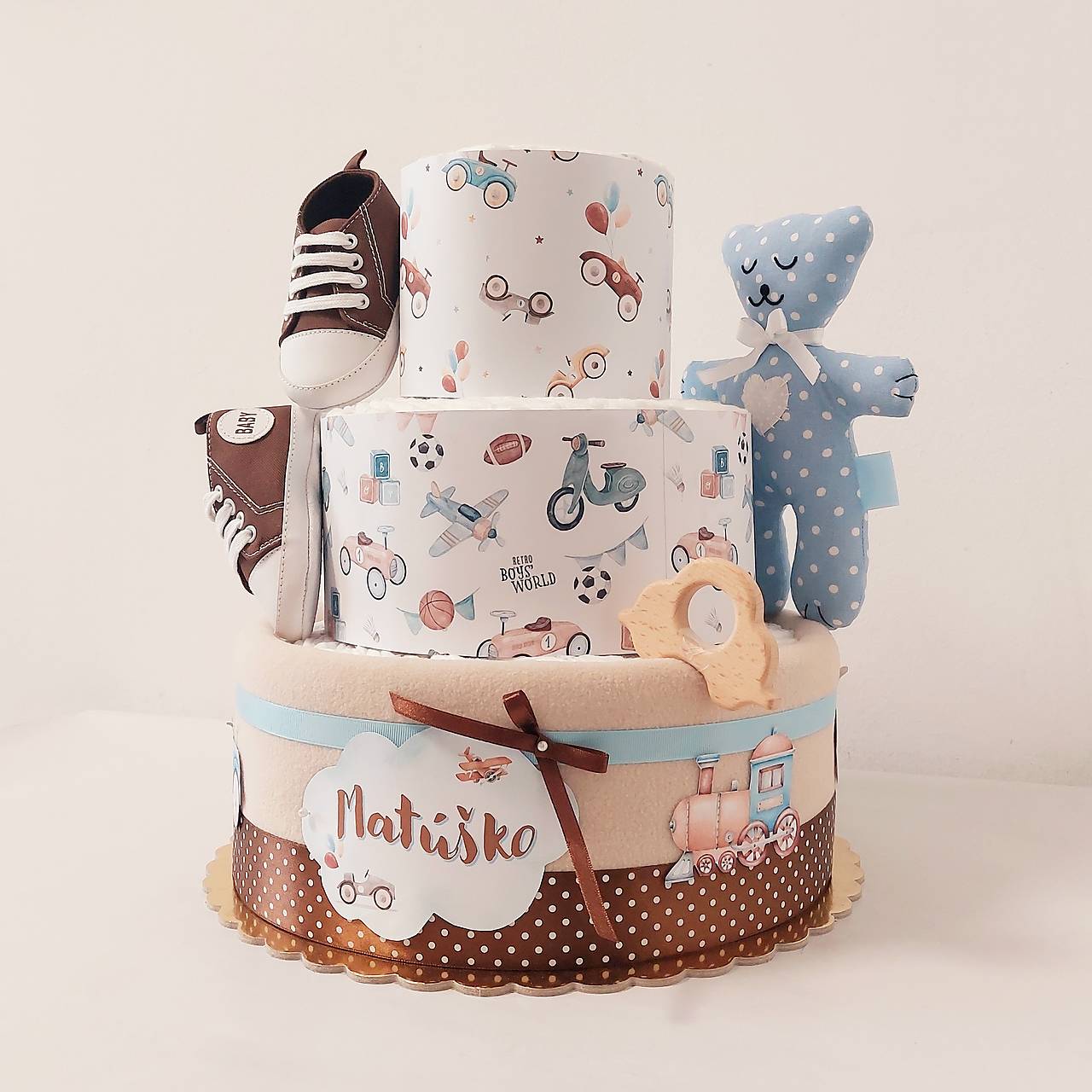 Plienková torta "RETRO BOY" (Veľkosť 3 (6-10 kg)) / Plienkotorty - SAShE.sk