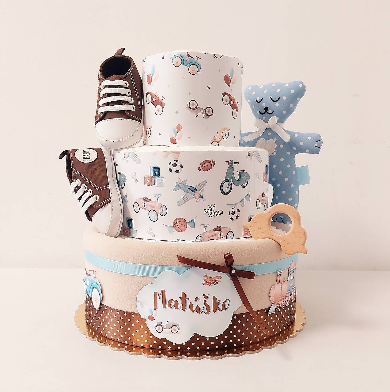 Plienková torta "RETRO BOY" (Veľkosť 3 (6-10 kg)) / Plienkotorty - SAShE.sk
