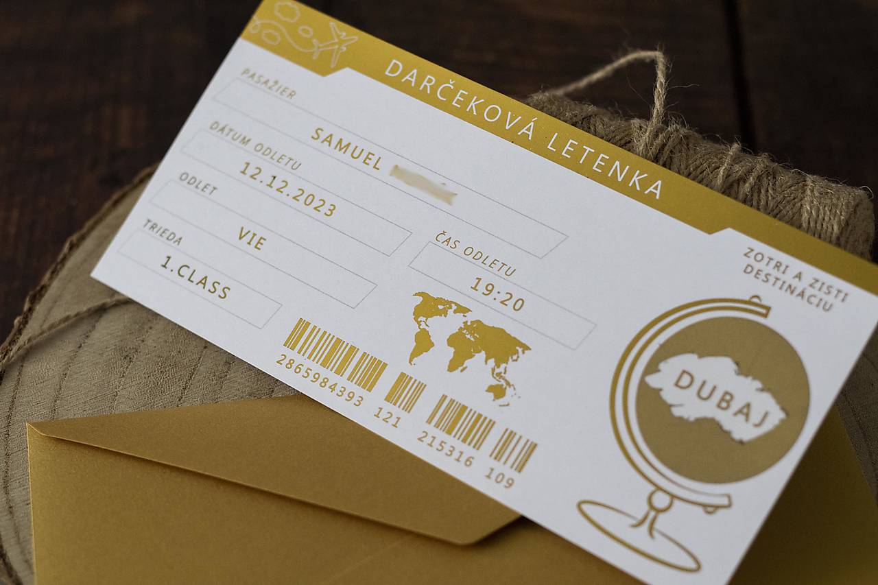 Stierací žreb "Letenka - ZLATÁ" (Oznámenie 21x10cm + zlatá obálka ...