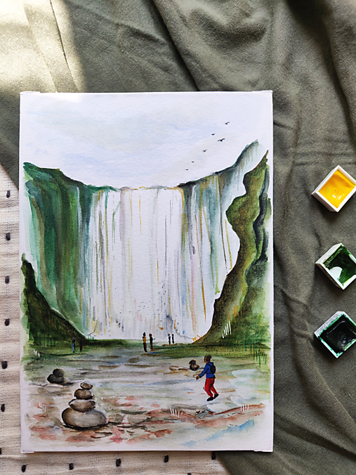 Akvarel Vodopád Skógafoss na Islande / kika_kosut - SAShE.sk