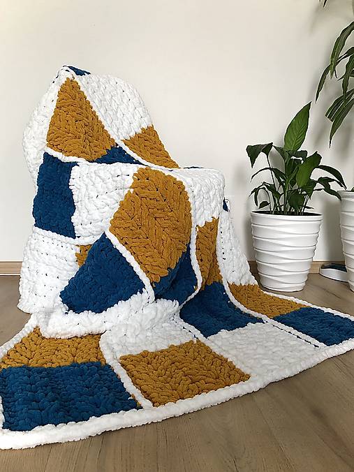 Patchwork deka 180x110cm z Alize Puffy horčicovo-petrolejovo-biela ...