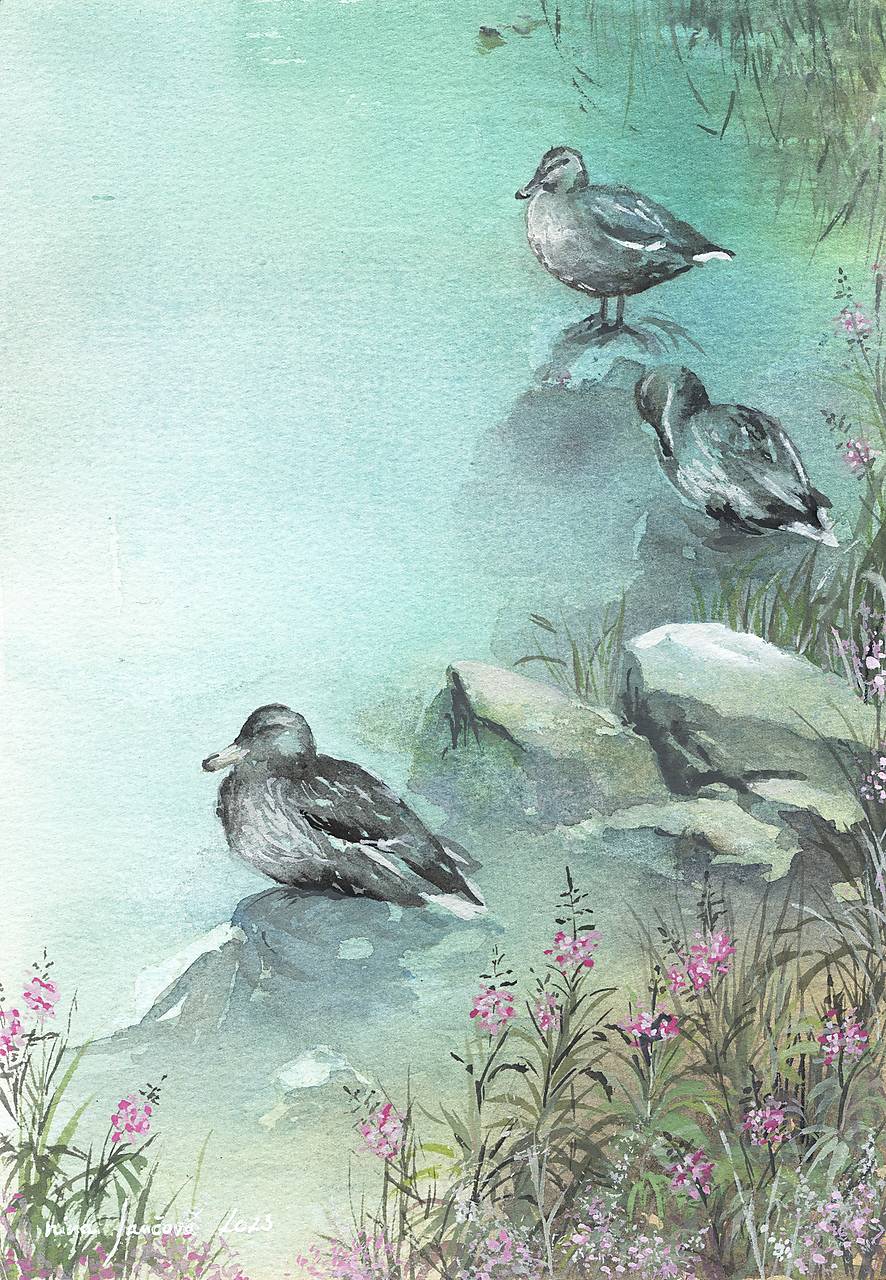 Kačičky - Art print originálneho akvarelového obrazu s gvašovými ...