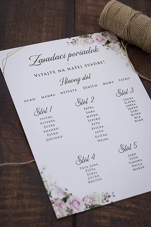 Zasadací poriadok Ružové kvietky a žlté čiary / svadobnagrafika - SAShE.sk