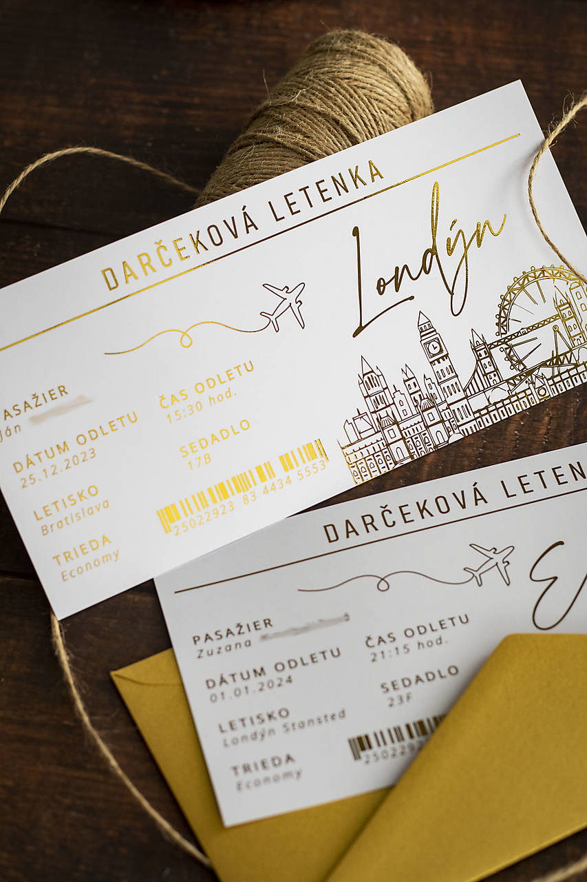 Darčeková kartička letenka - zlatá / svadobnagrafika - SAShE.sk