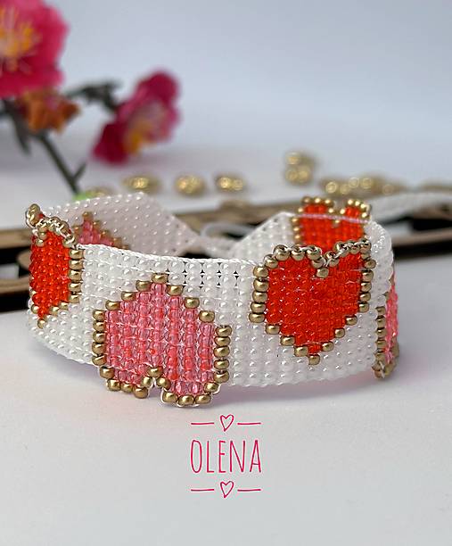 Náramok Valentin. Srdce tkaný z rokajlových korálok Preciosa, ručná ...