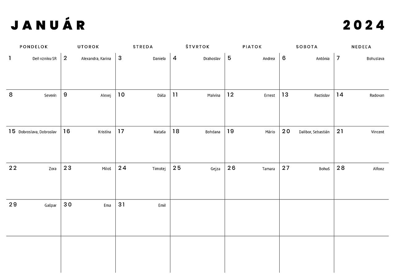 Minimalistický kalendár 2024 s menami na stiahnutie / DigitPrintDesign ...